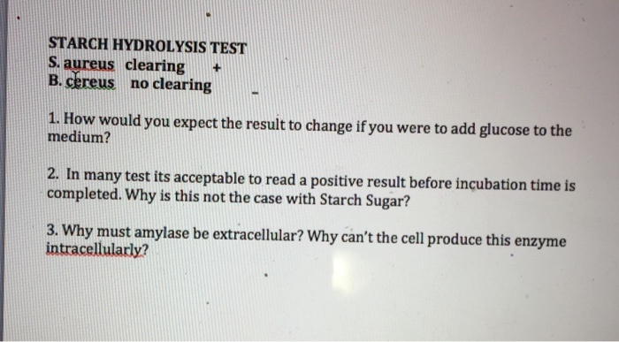 Solved STARCH HYDROLYSIS TEST S. aureus clearing+ B. cereus | Chegg.com