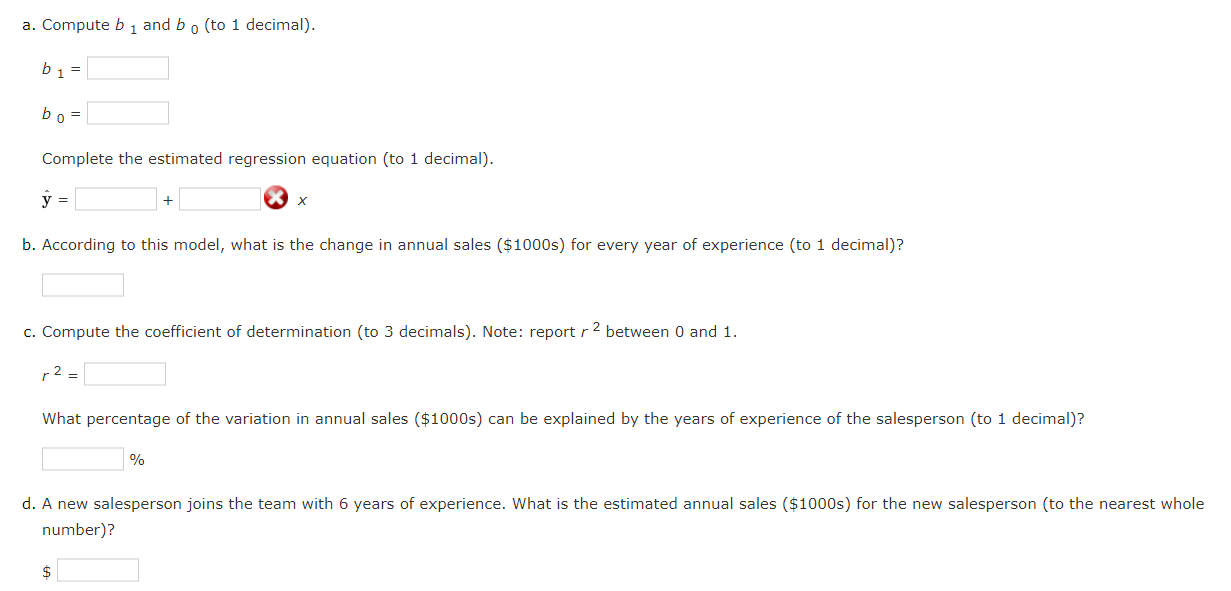 Solved a. Compute b1 and b0 (to 1 decimal). b1=b0= Complete | Chegg.com