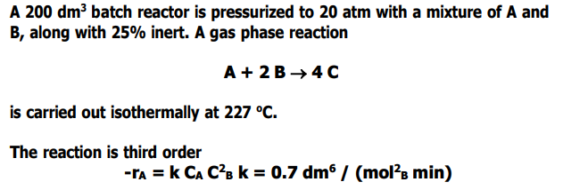 Solved A 200dm3 batch reactor is pressurized to 20 atm with | Chegg.com