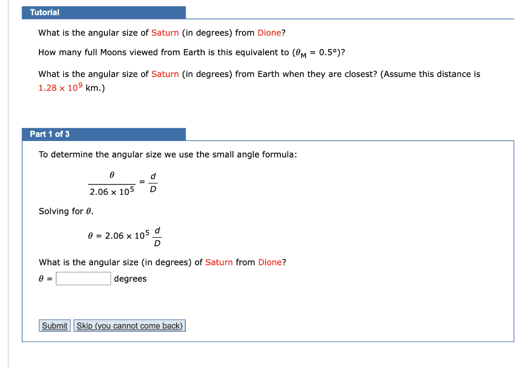 Solved Tutorial What is the angular size of Saturn (in | Chegg.com