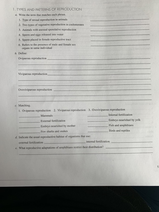 Solved 1. TYPES AND PATTERNS OF REPRODUCTION a Write the | Chegg.com