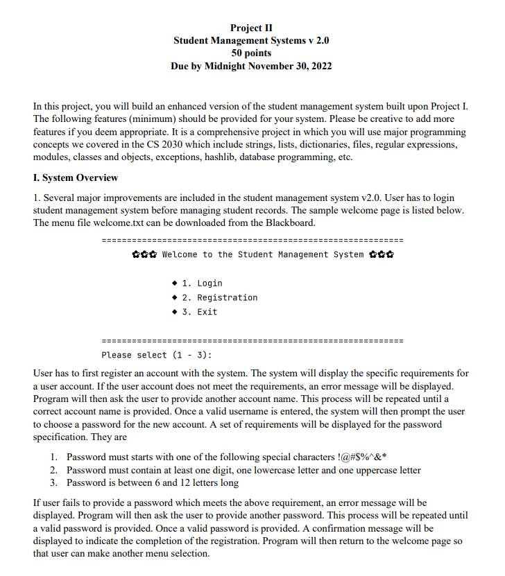 Solved Project II Student Management Systems v 2.0 50 points | Chegg.com