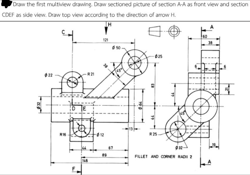 Solved Draw the first multiview drawing. Draw a sectioned | Chegg.com