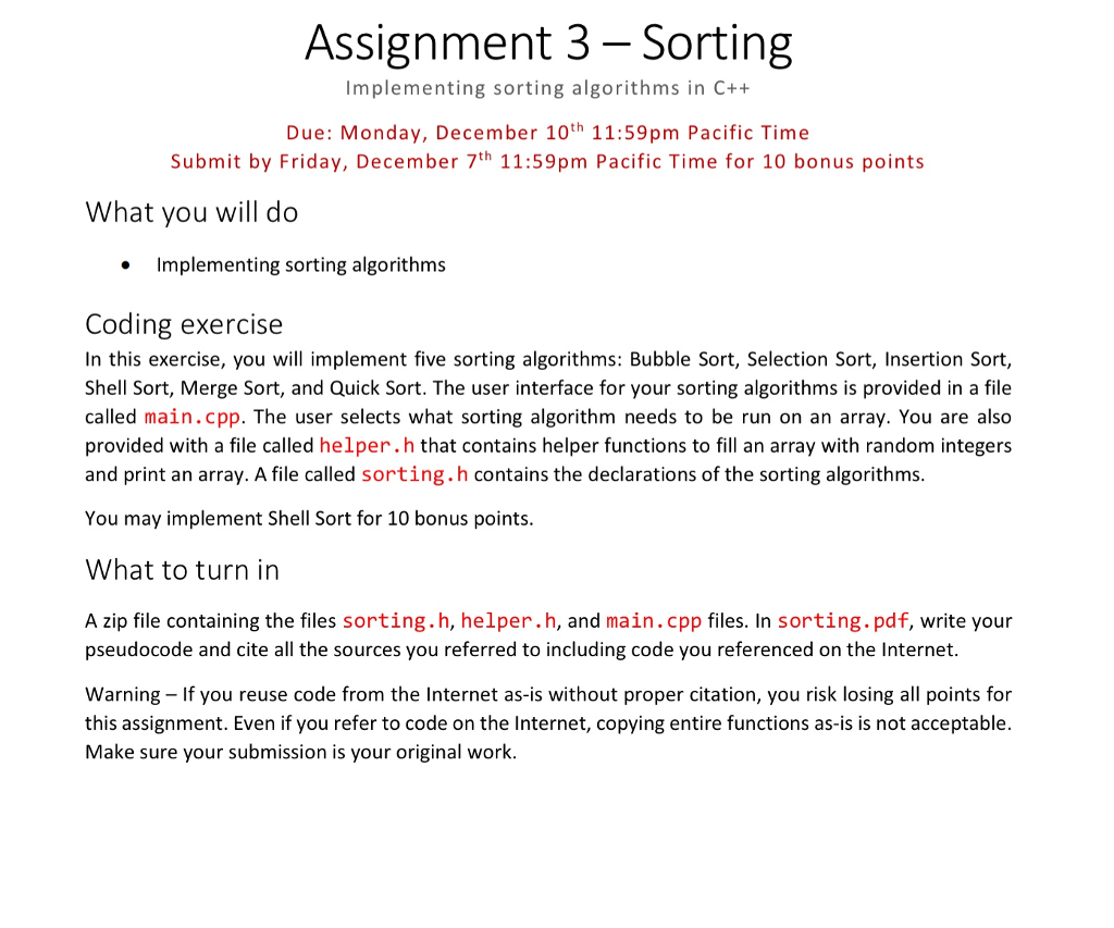 Solved Assignment 3 - Sorting Implementing sorting | Chegg.com