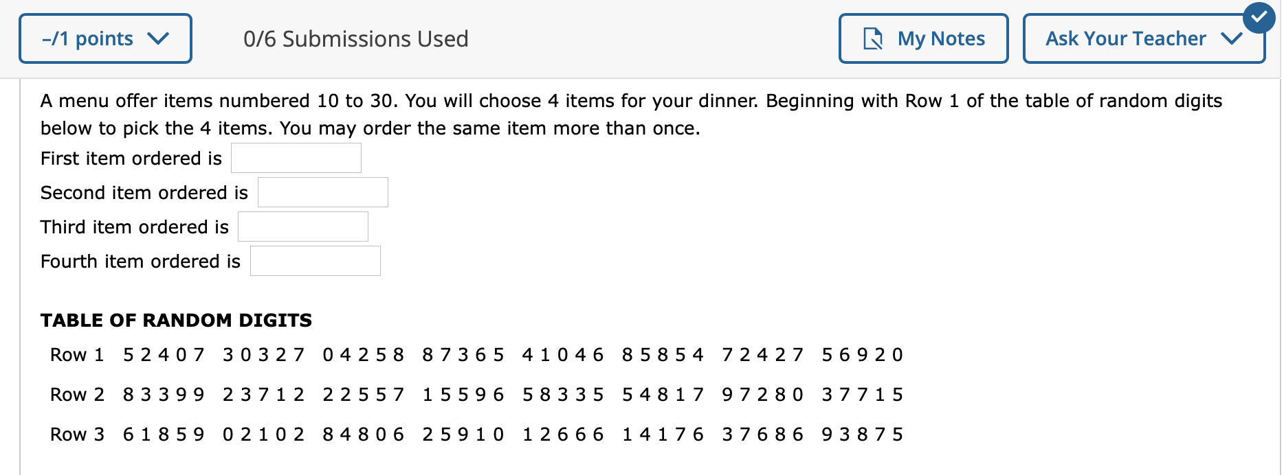 Solved A menu offer items numbered 10 to 30. You will choose | Chegg.com