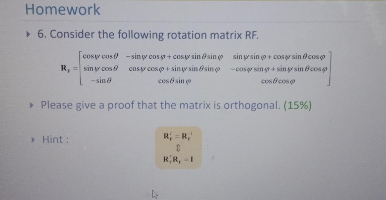 Solved Homework 6. Consider the following rotation matrix | Chegg.com