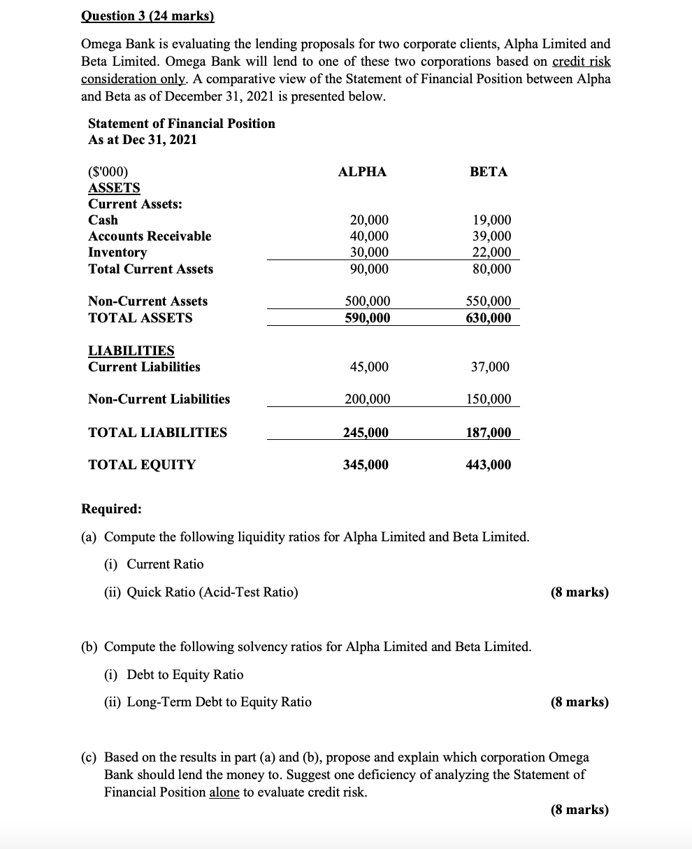 Solved Question 3 (24 marks) Omega Bank is evaluating the | Chegg.com