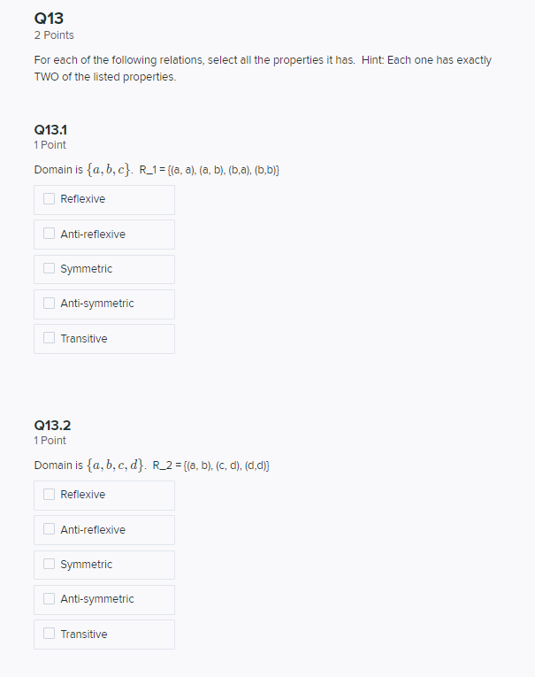 Solved Q13 2 Points For each of the following relations, | Chegg.com