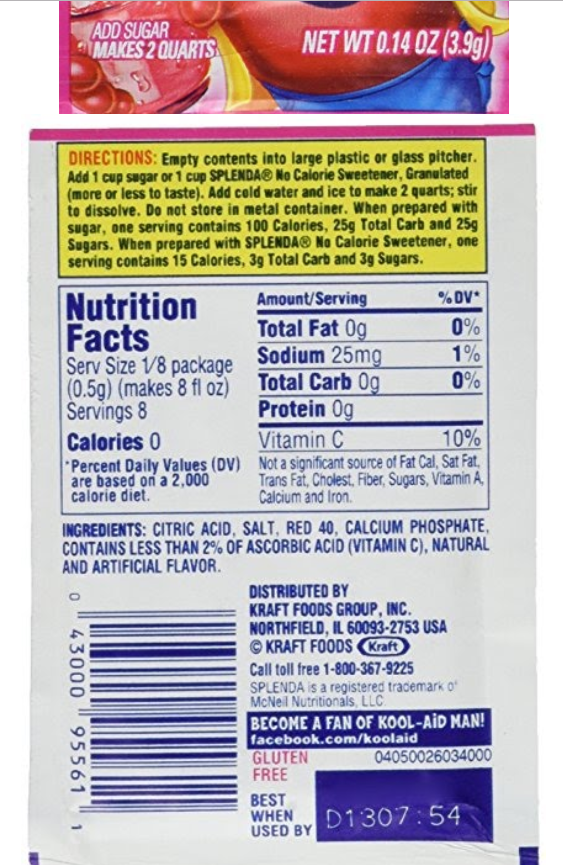 39 kool aid nutrition facts label