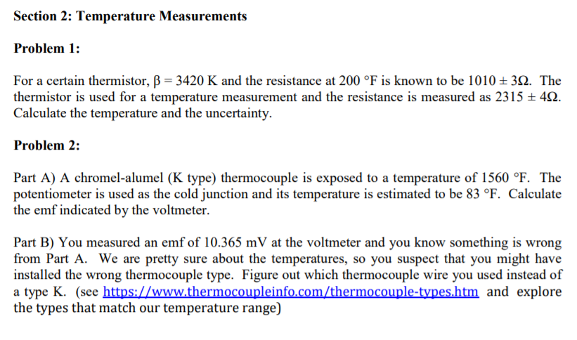 Solved Section 2: Temperature Measurements Problem 1 For a | Chegg.com