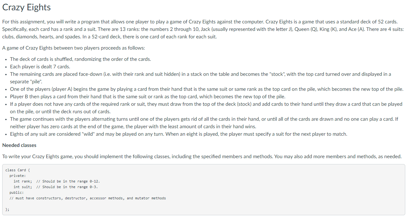 Solved Crazy Eights For this assignment, you will write a | Chegg.com