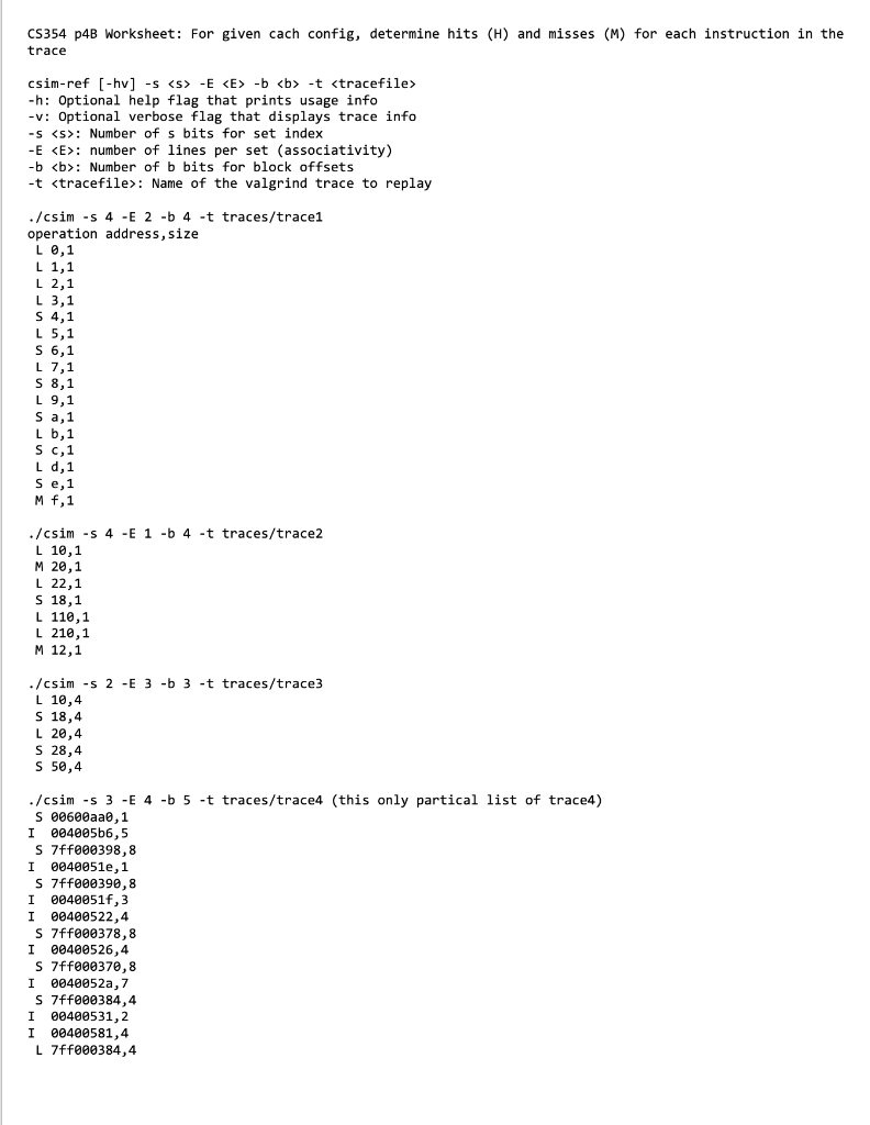 Solved CS354 p4B Worksheet: For given cach config, determine | Chegg.com