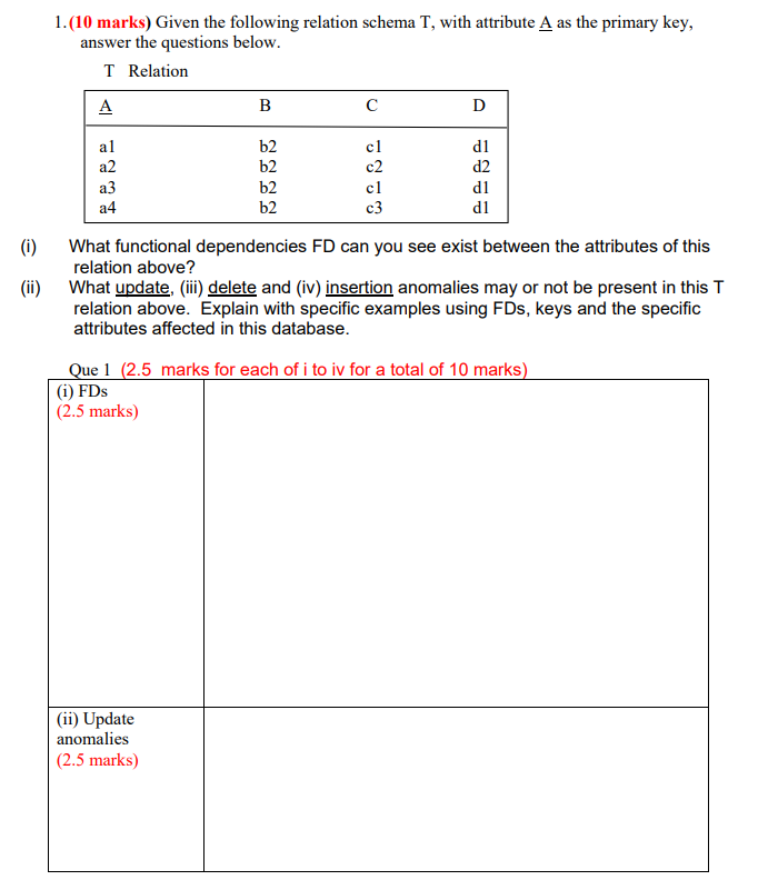 Solved 1.(10 marks) Given the following relation schema T, | Chegg.com