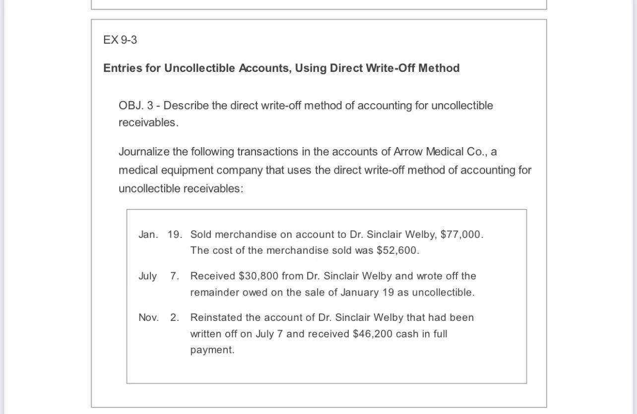 Solved EX 9 3 Entries For Uncollectible Accounts Using Chegg