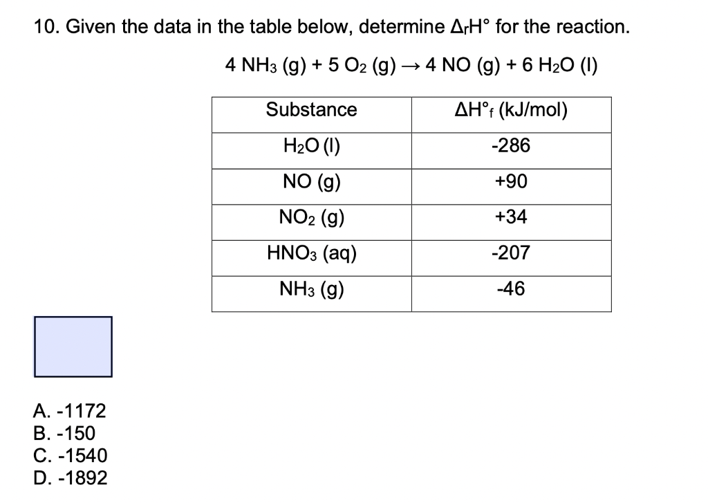 Solved 10. Given the data in the table below, determine ΔrH∘ | Chegg.com