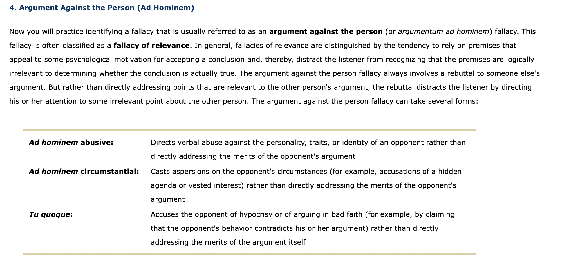 Solved 4. Argument Against the Person (Ad Hominem) fallacy | Chegg.com