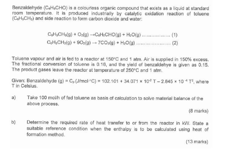 Solved Benzaldehyde (CoH CHO) is a colourless organic | Chegg.com
