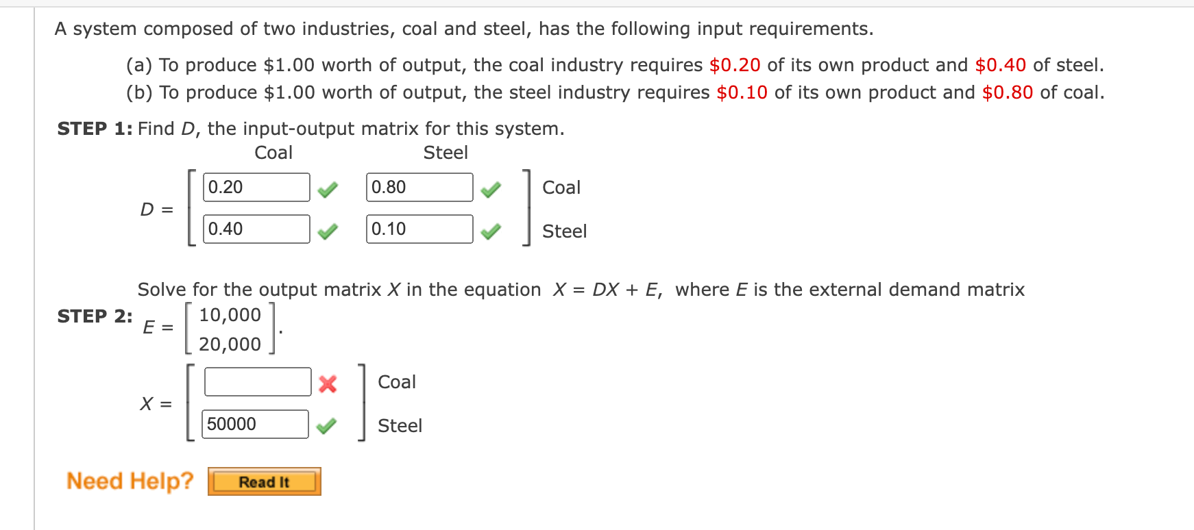 Solved A system composed of two industries, coal and steel, | Chegg.com