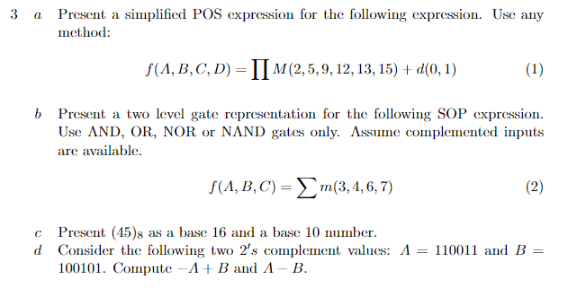 Solved 3 a Present a simplified POS expression for the | Chegg.com