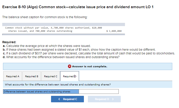 Solved Exercise 8-10 (Algo) Common stock-calculate issue | Chegg.com