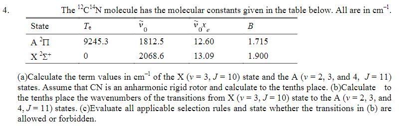 Solved The 12C14 N molecule has the molecular constants | Chegg.com