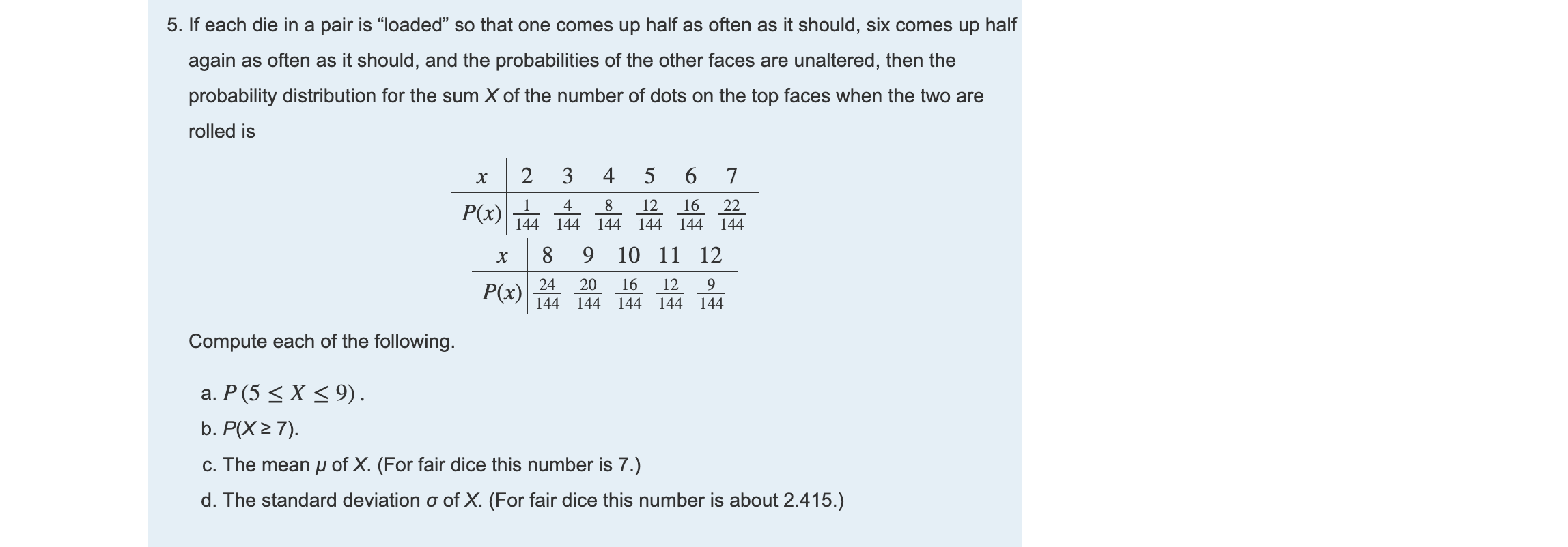 Solved 5. If each die in a pair is "loaded" so that one | Chegg.com