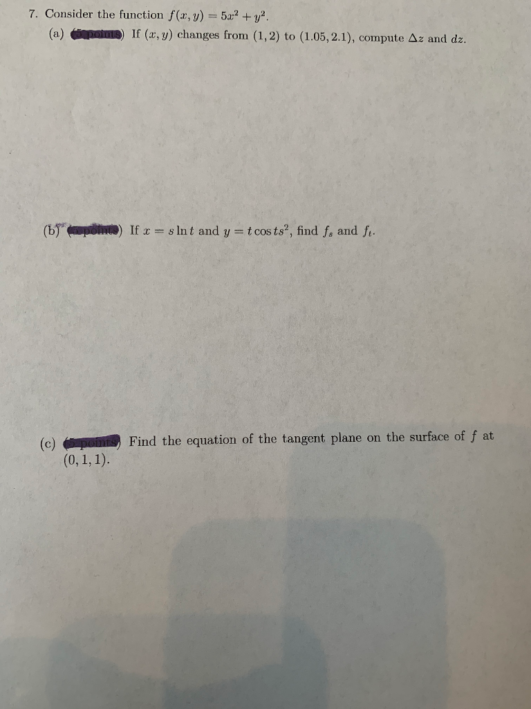 Solved 7. Consider the function f(x,y) = 5x2 + y2. (a) | Chegg.com