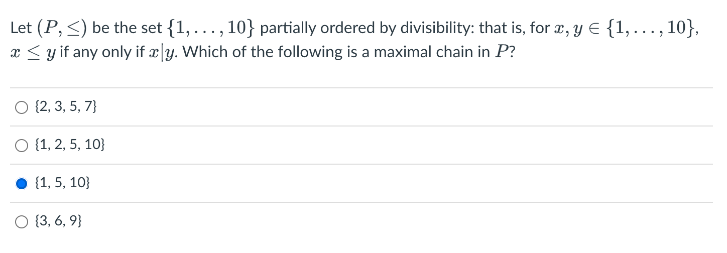 Solved Let (P,≤) be the set {1,…,10} partially ordered by | Chegg.com