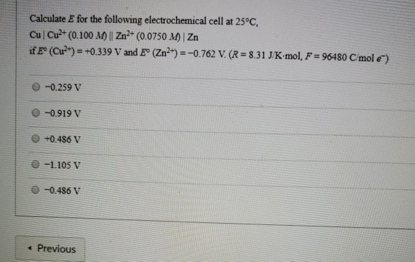 Solved Calculate E for the following electrochemical cell at | Chegg.com