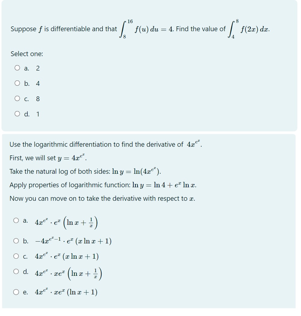 Solved Suppose f is differentiable and that ∫816f(u)du=4. | Chegg.com