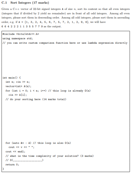 Solved C.1 Sort Integers (17 marks) Given a C++ vector of | Chegg.com