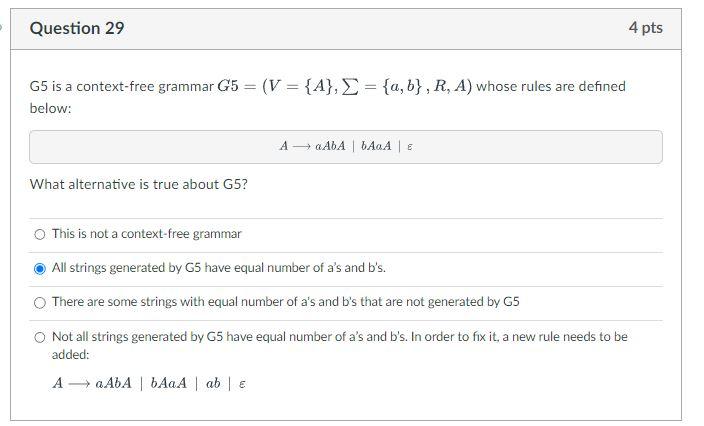 Solved G5 is a context-free grammar G5=(V={A},Σ={a,b},R,A) | Chegg.com