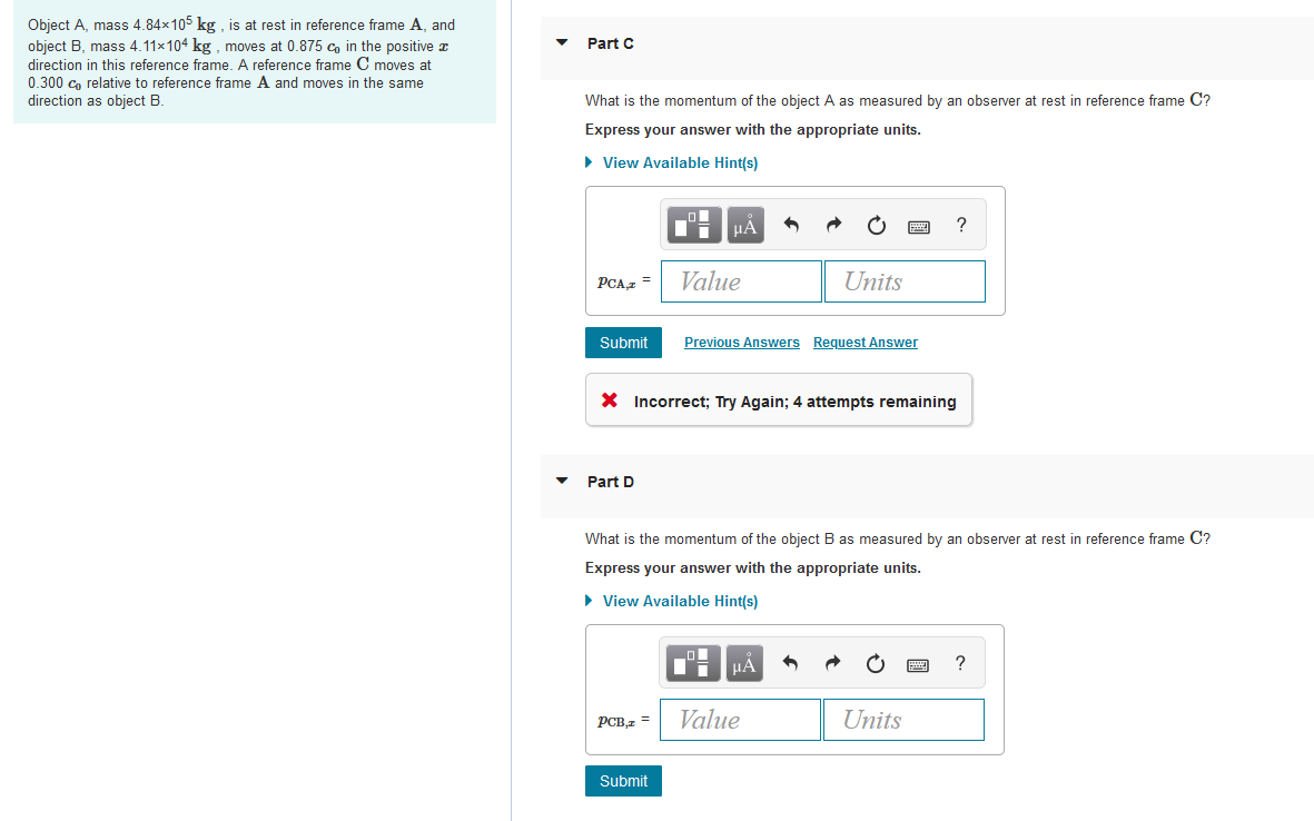 Solved Object A, mass 4.84×105 kg, is at rest in reference | Chegg.com