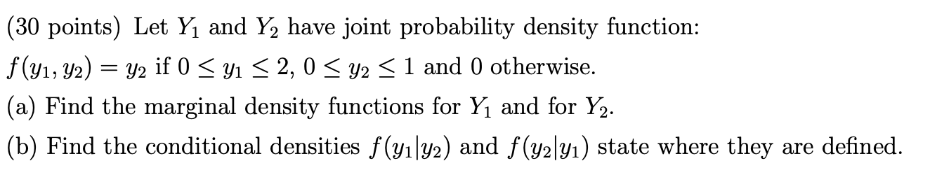 Solved = (30 points) Let Yi and Y2 have joint probability | Chegg.com