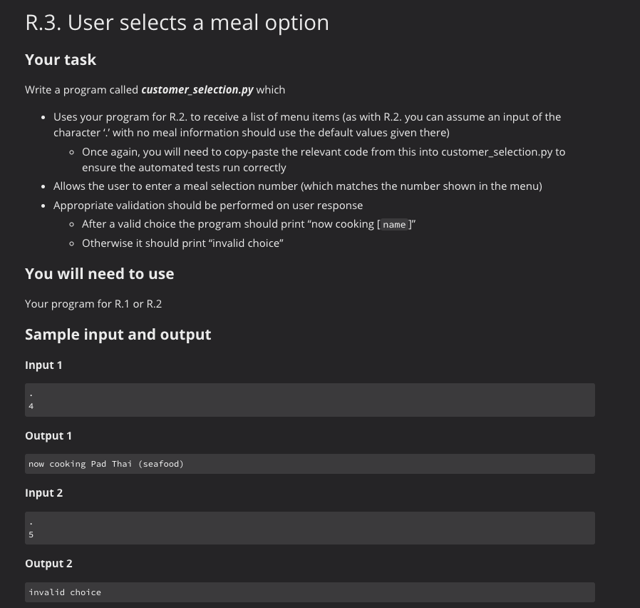 Solved R.3. User selects a meal option Your task Write a | Chegg.com