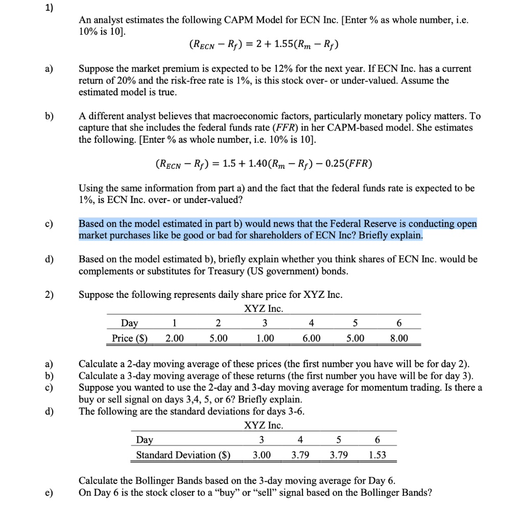 1) An analyst estimates the following CAPM Model for | Chegg.com