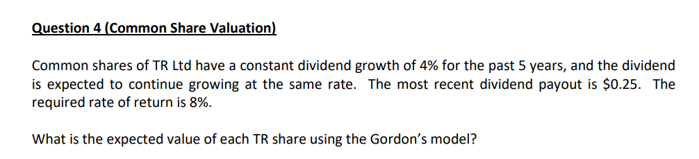 Solved Question 4 (Common Share Valuation) Common shares of | Chegg.com