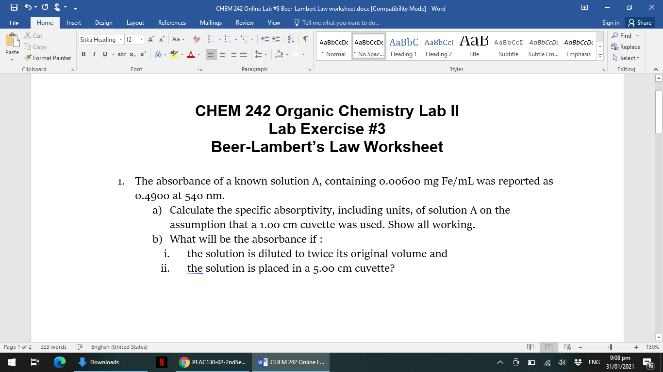 Solved S SUR CHEM 242 Online Lab #3 Beer-Lambert Law | Chegg.com