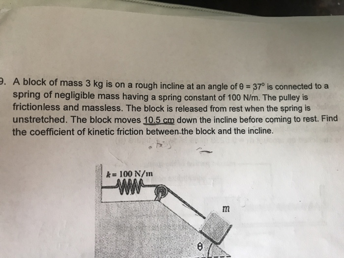 Solved 9. A block of mass 3 kg is on a rough incline at an | Chegg.com
