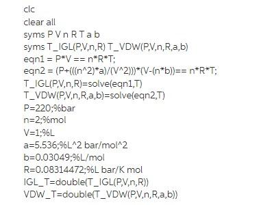 Solved clc clear all syms PVn RTab syms T_IGL(P,V,n,R) | Chegg.com