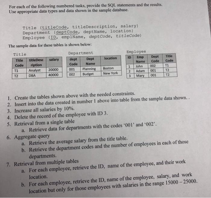 Solved For each of the following numbered tasks, provide the | Chegg.com