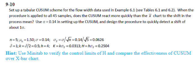 9-10 Set up a tabular CUSUM scheme for the flow width | Chegg.com