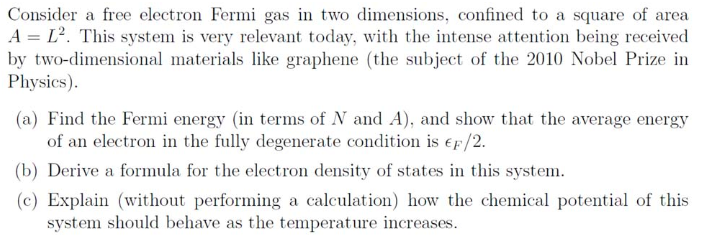 Solved Consider a free electron Fermi gas in two dimensions, | Chegg.com