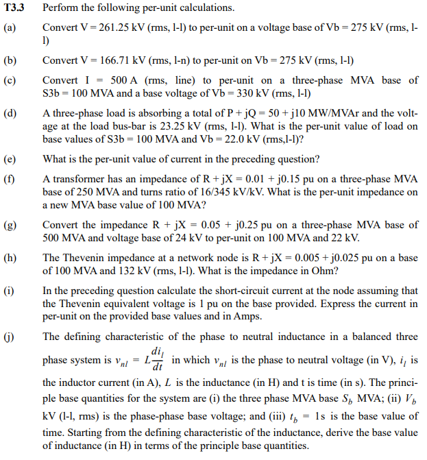 Solved T3.3 Perform the following per-unit calculations. (a) | Chegg.com