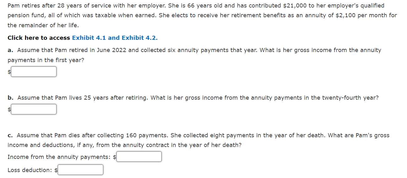 Solved Pam retires after 28 years of service with her | Chegg.com