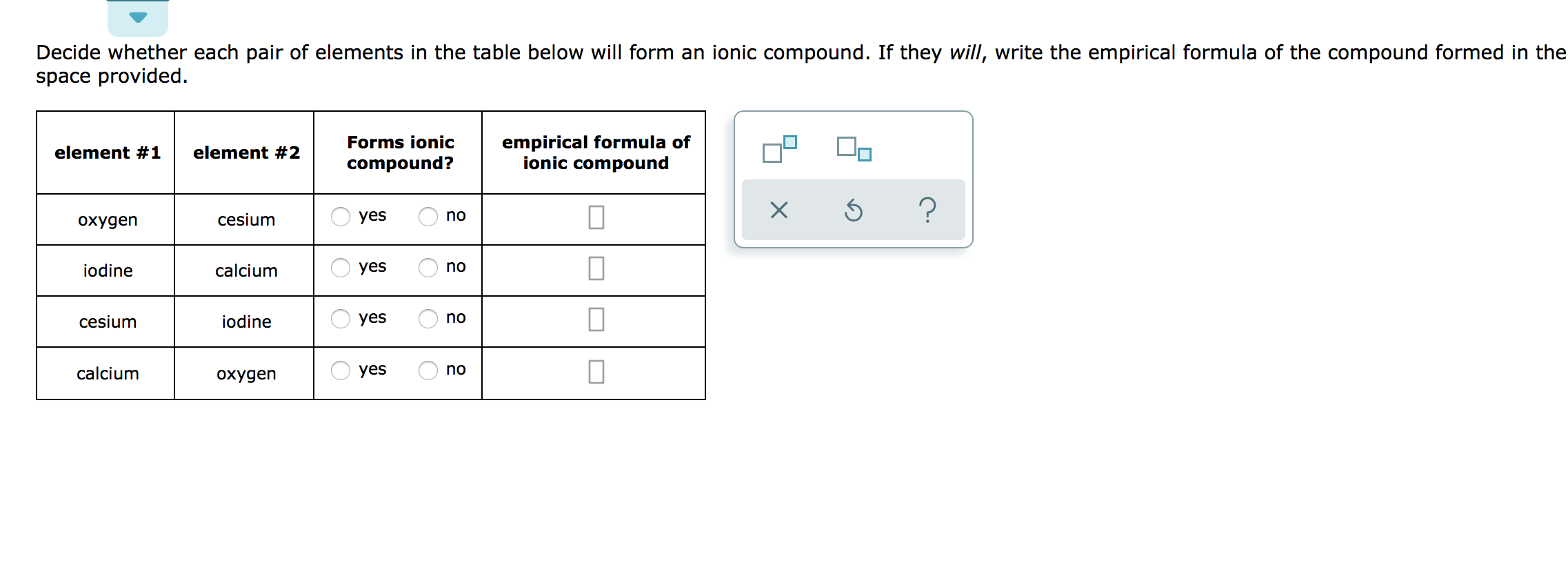 Solved Decide whether each pair of elements in the table | Chegg.com