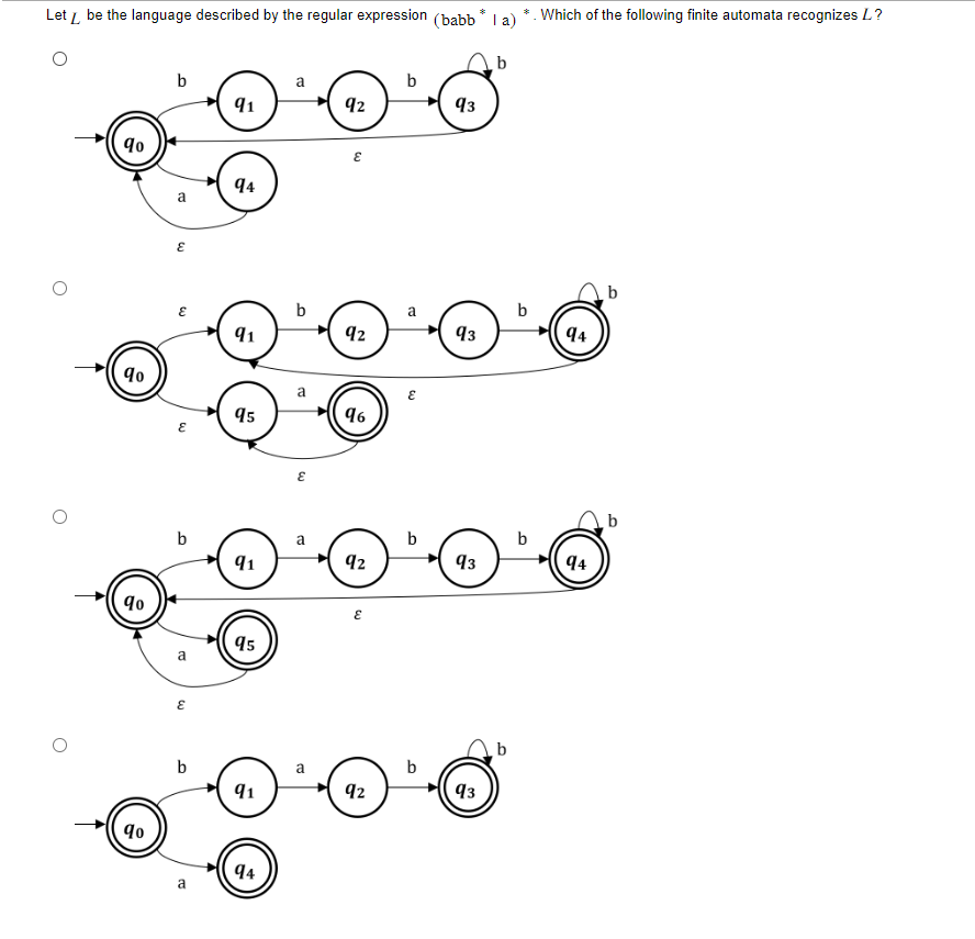 Solved Which of the following finite automata recognizes L | Chegg.com Solved Which of the following finite automata recognizes L | Chegg.com