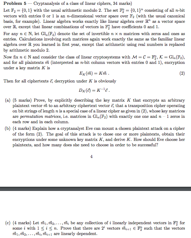 Problem 5 - Cryptanalysis of a class of linear | Chegg.com