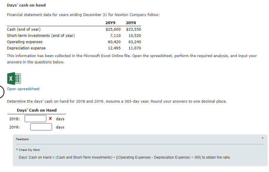 Solved Days' cash on hand Financial statement data for years | Chegg.com