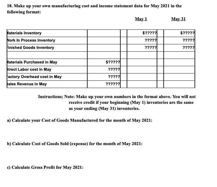 Solved 18. Make up your own manufacturing cost and income | Chegg.com